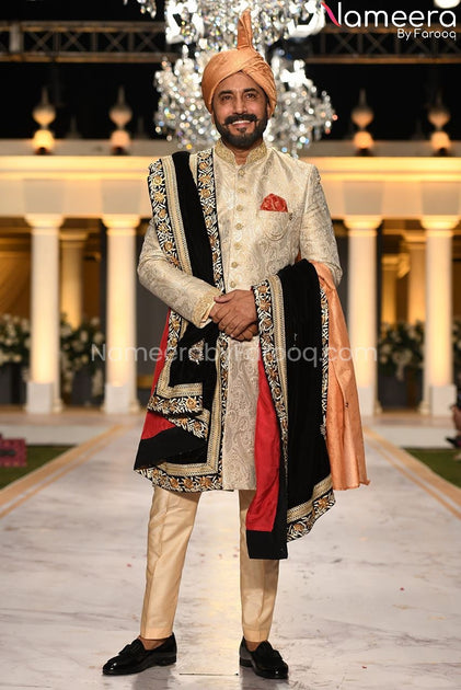 Pakistani Groom Sherwani with Shawl for Wedding Online – Nameera by Farooq
