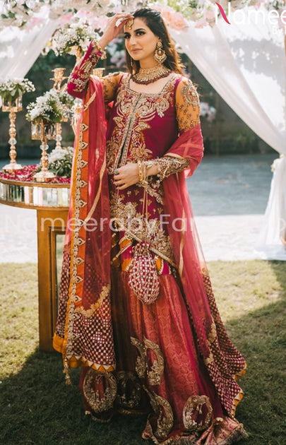 Buy Pakistani Jamawar Lehnga with Short Shirt Online – Nameera by Farooq
