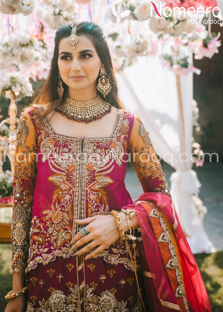 Buy Pakistani Jamawar Lehnga with Short Shirt Online – Nameera by Farooq