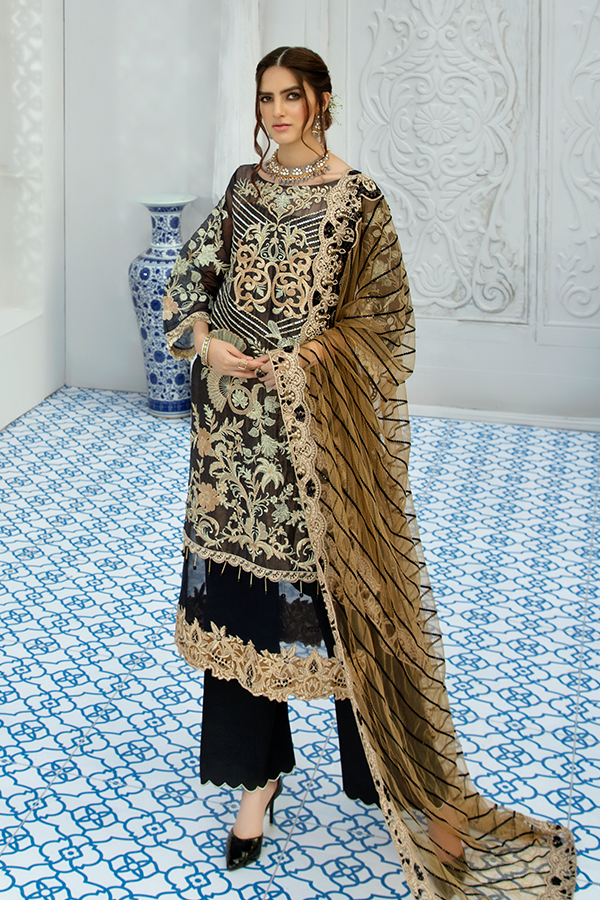 Shop Latest Pakistani Black Long Dress 2020 Collection – Nameera by Farooq