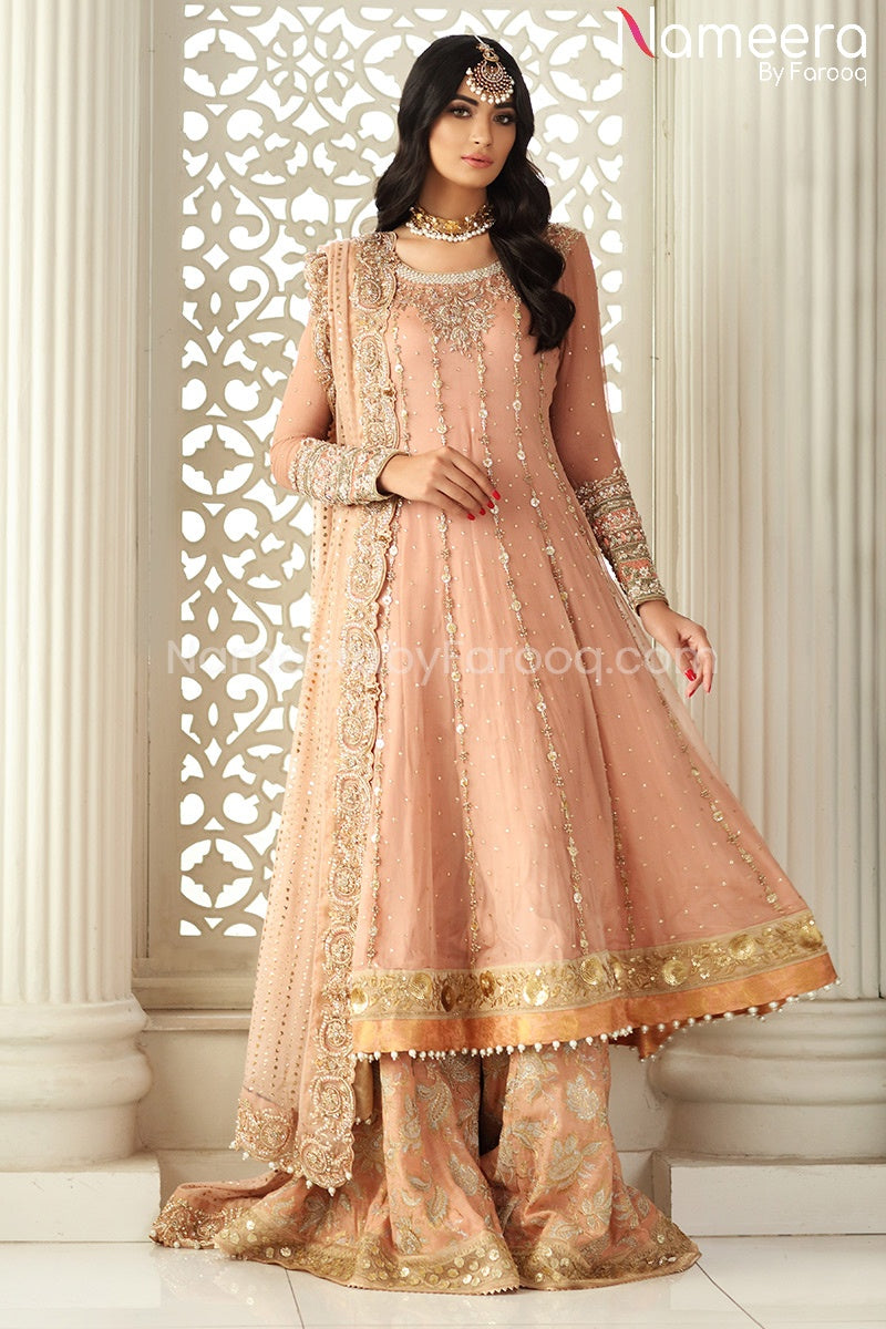 Buy Pakistani Long Anarkali Dress With Sharara Online – Nameera by Farooq