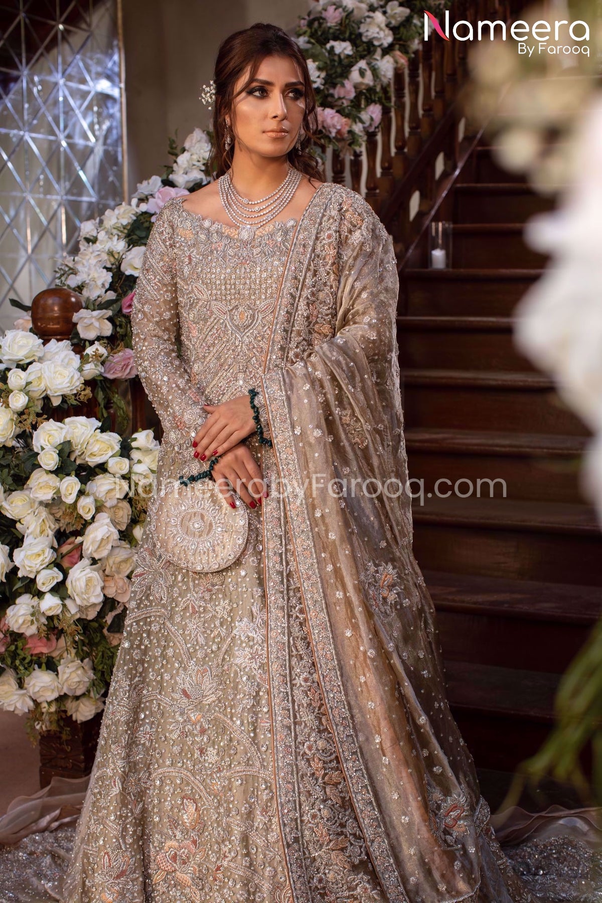 Elegant Silver Maxi Pakistani Long Bridal Dress Online 2021 – Nameera ...