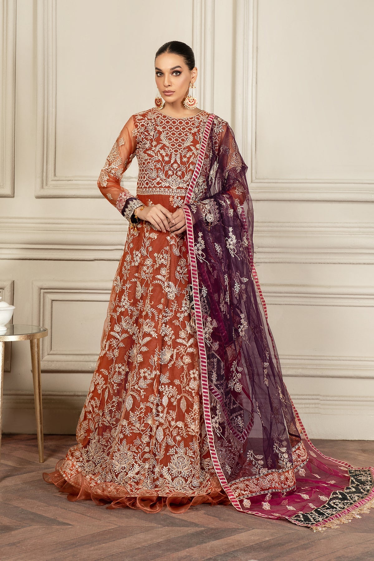 Buy Pakistani Long Frock with Dupatta in Orange Color – Nameera by Farooq