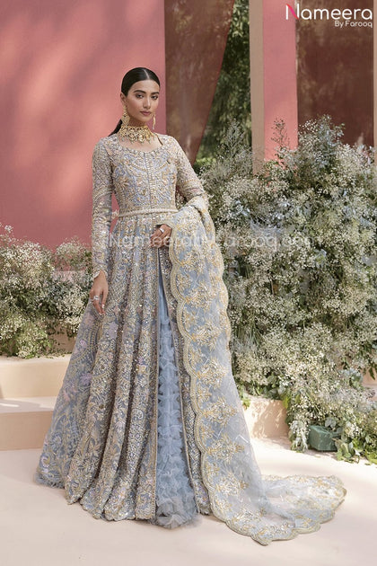 Pakistani Long Gown Powder Blue Bridal Lehenga for Walima – Nameera by ...