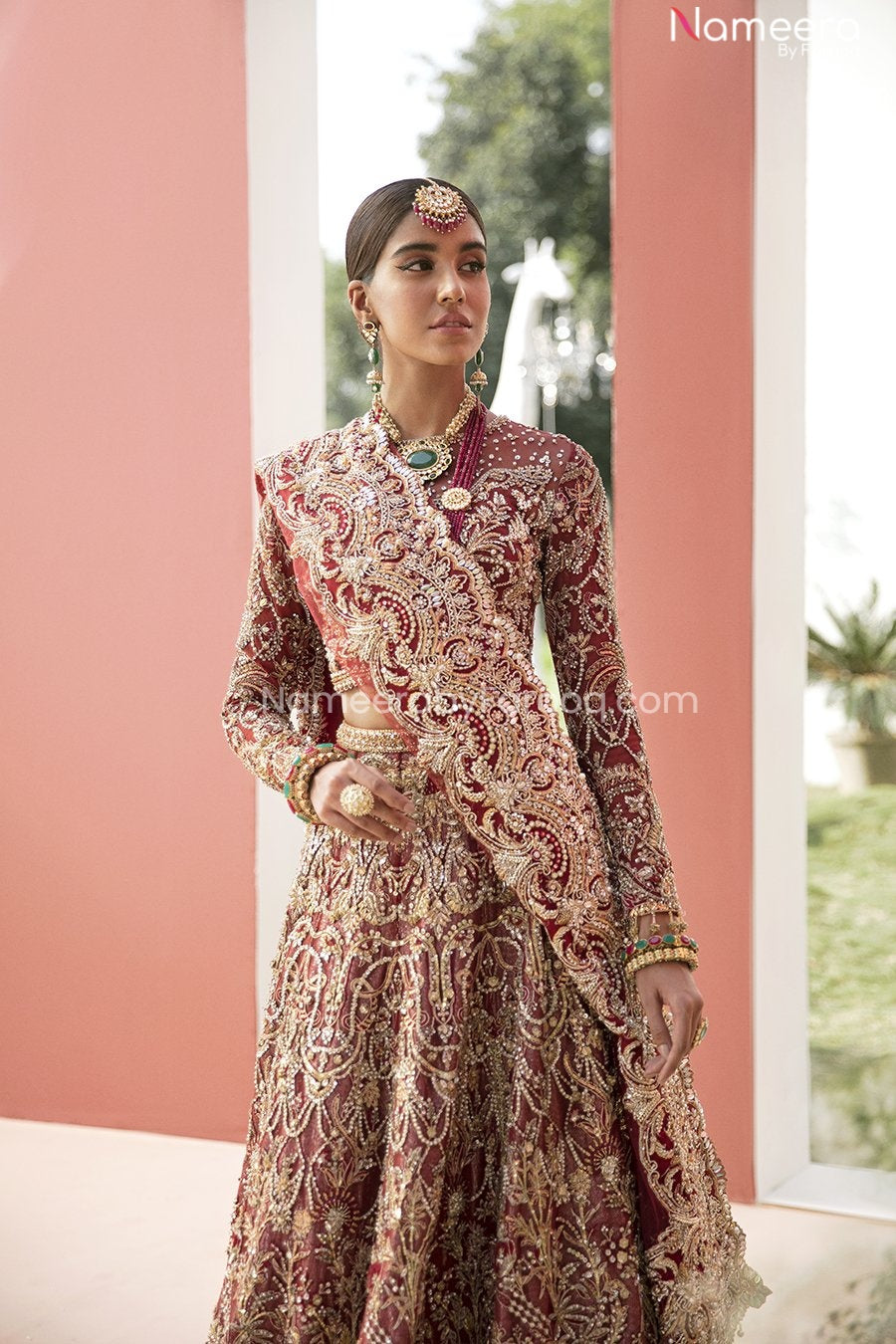 Pakistani Maroon Bridal Lehenga Dress with Choli for Barat Wear ...
