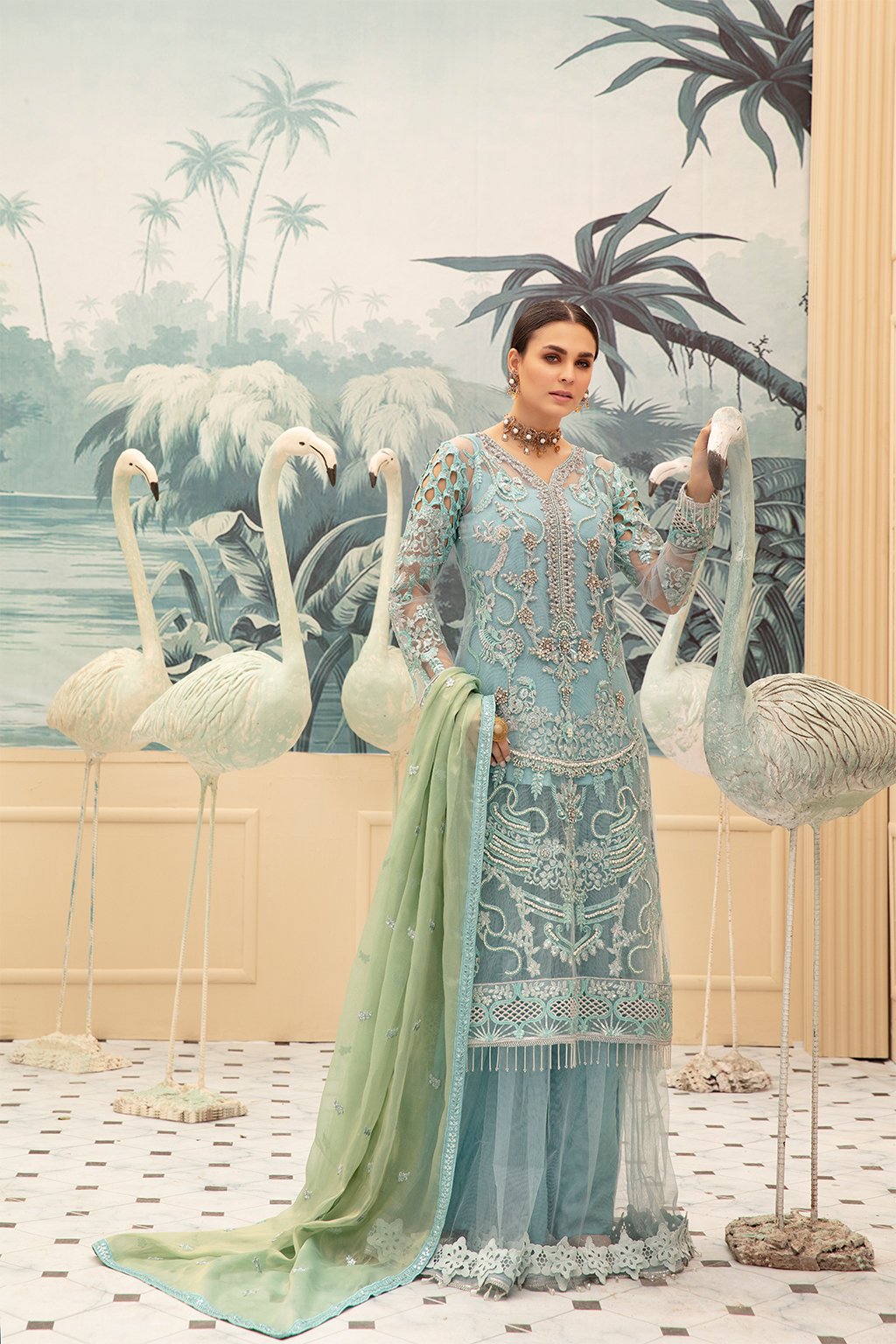 Buy Luxurious Pakistani Net Dress In Light Turquoise – Nameera by Farooq