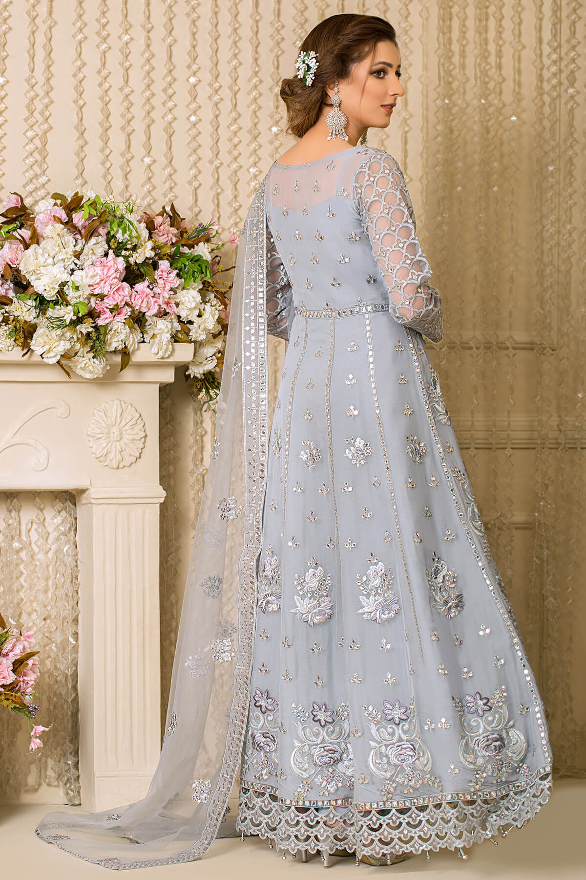 Pakistani Party Dress in Embroidered Pishwas Frock Trouser and Dupatta ...