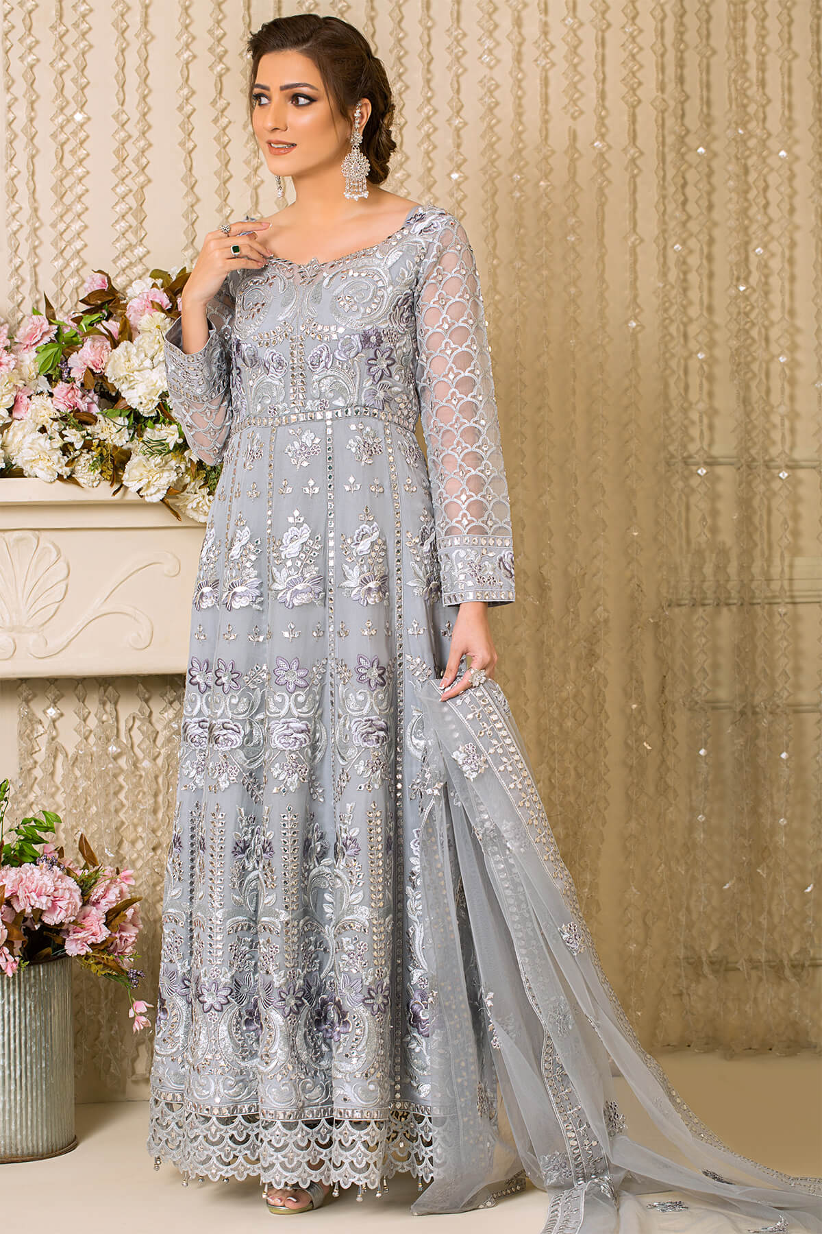 Pakistani Party Dress in Embroidered Pishwas Frock Trouser and Dupatta ...