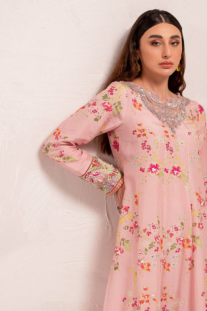 Pakistani Party Dress In Pink Frock And Dupatta Style Nameera By Farooq