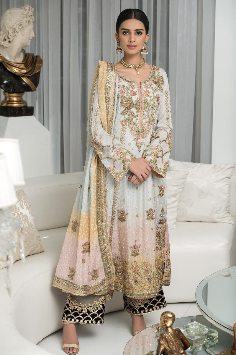 Pakistani Party Frock with Embroidery in White Color – Nameera by Farooq