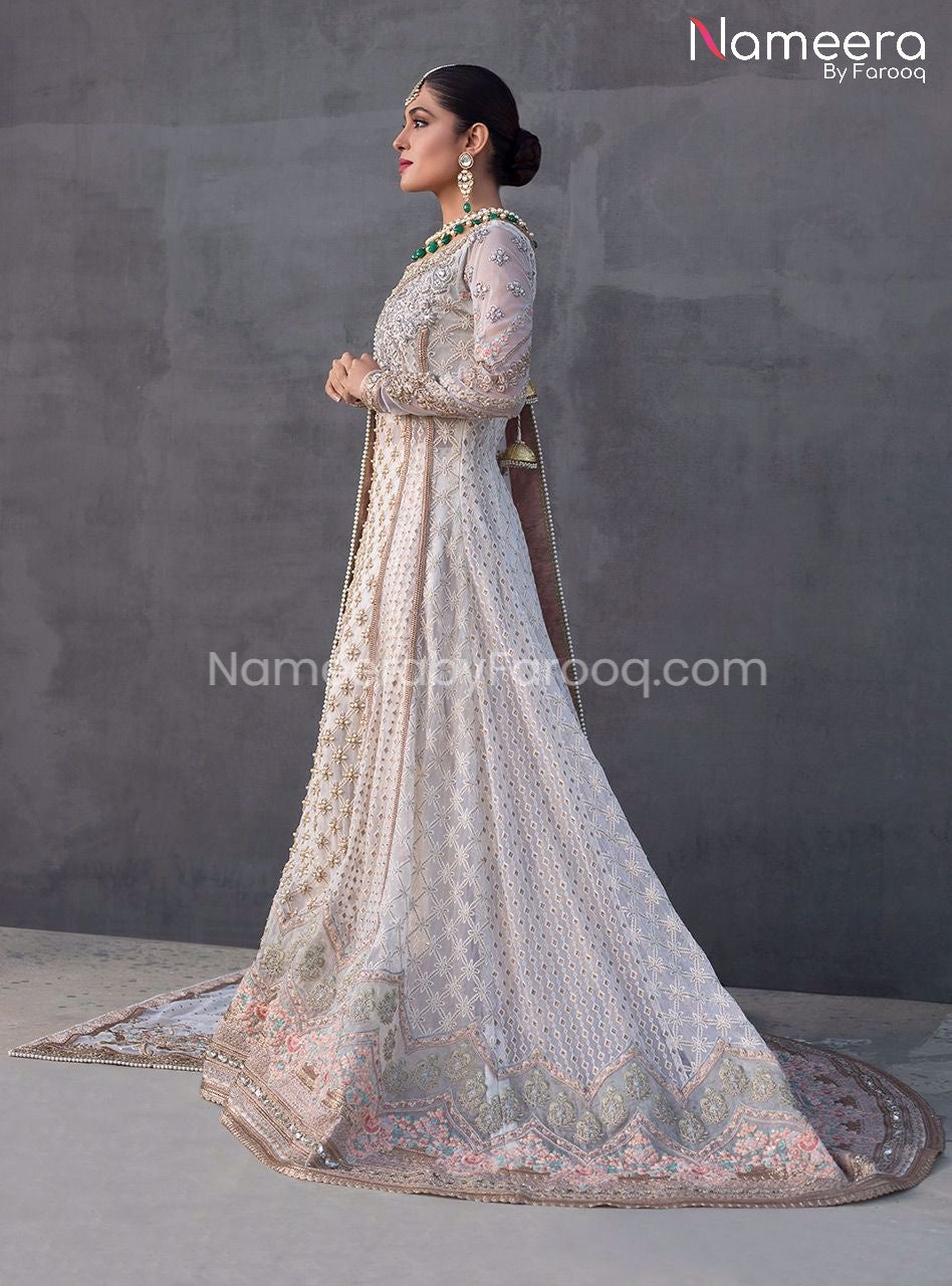 Elegant Bridal Pishwas with Lehenga in White Color 2021 – Nameera by Farooq