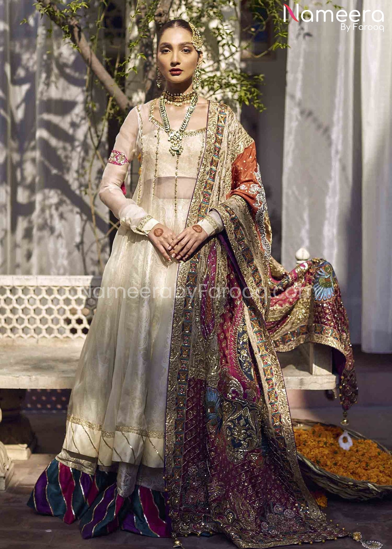 Pakistani Pishwas with Bridal Lehenga and Embellished Shawl – Nameera ...