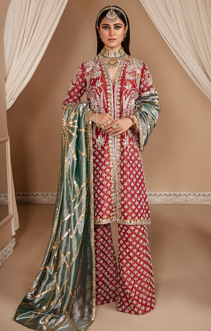 Pakistani Red Dress in Kameez Trouser Dupatta Style – Nameera by Farooq