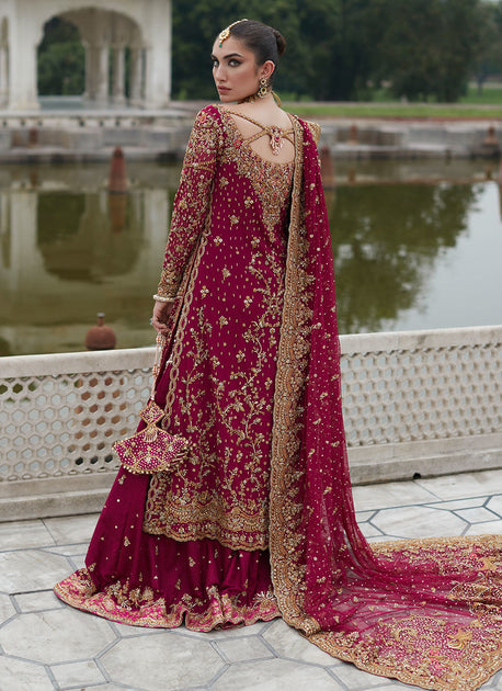 Red Golden Lehenga Kameez for Pakistani Bridal Wear – Nameera by Farooq