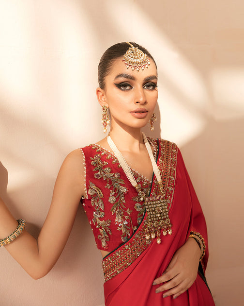 Buy Traditional Pakistani Red Saree Blouse Dress for Wedding – Nameera ...