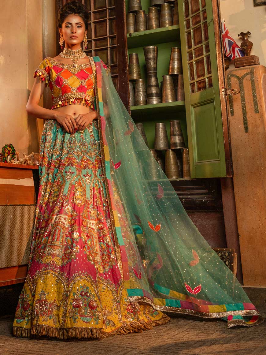 Pakistani Satrangi Mehndi Lehnga Choli Online – Nameera by Farooq