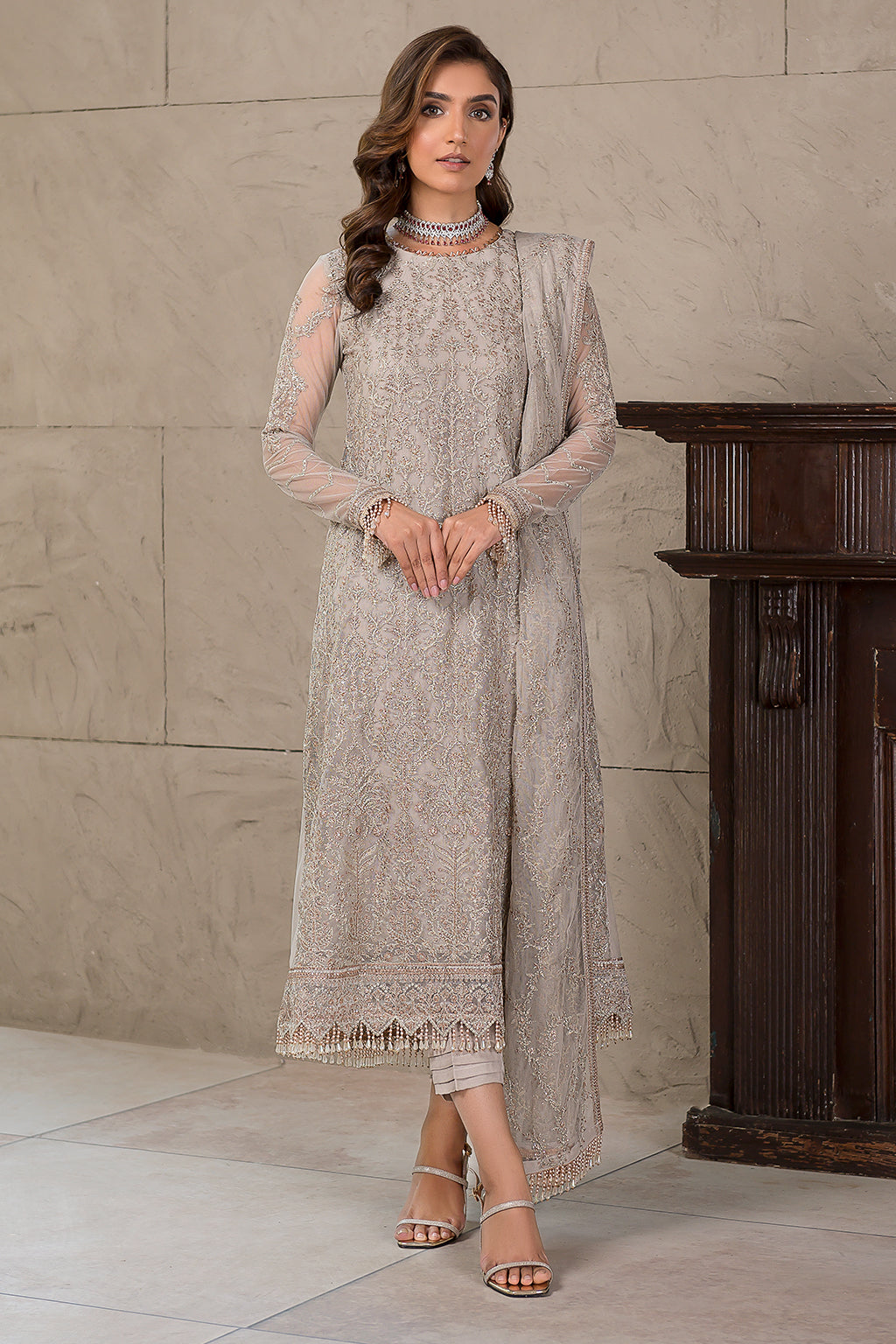 Buy Pakistani Silver Long Kameez with Capri Party wear – Nameera by Farooq
