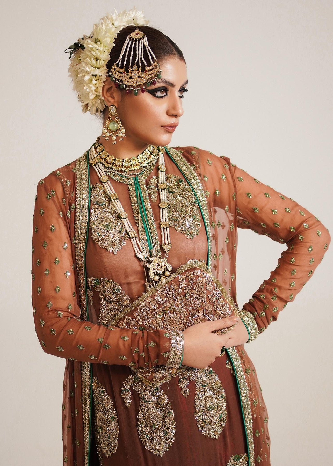 Pakistani Wedding Dress in Brown Sharara and Gown Style – Nameera by Farooq