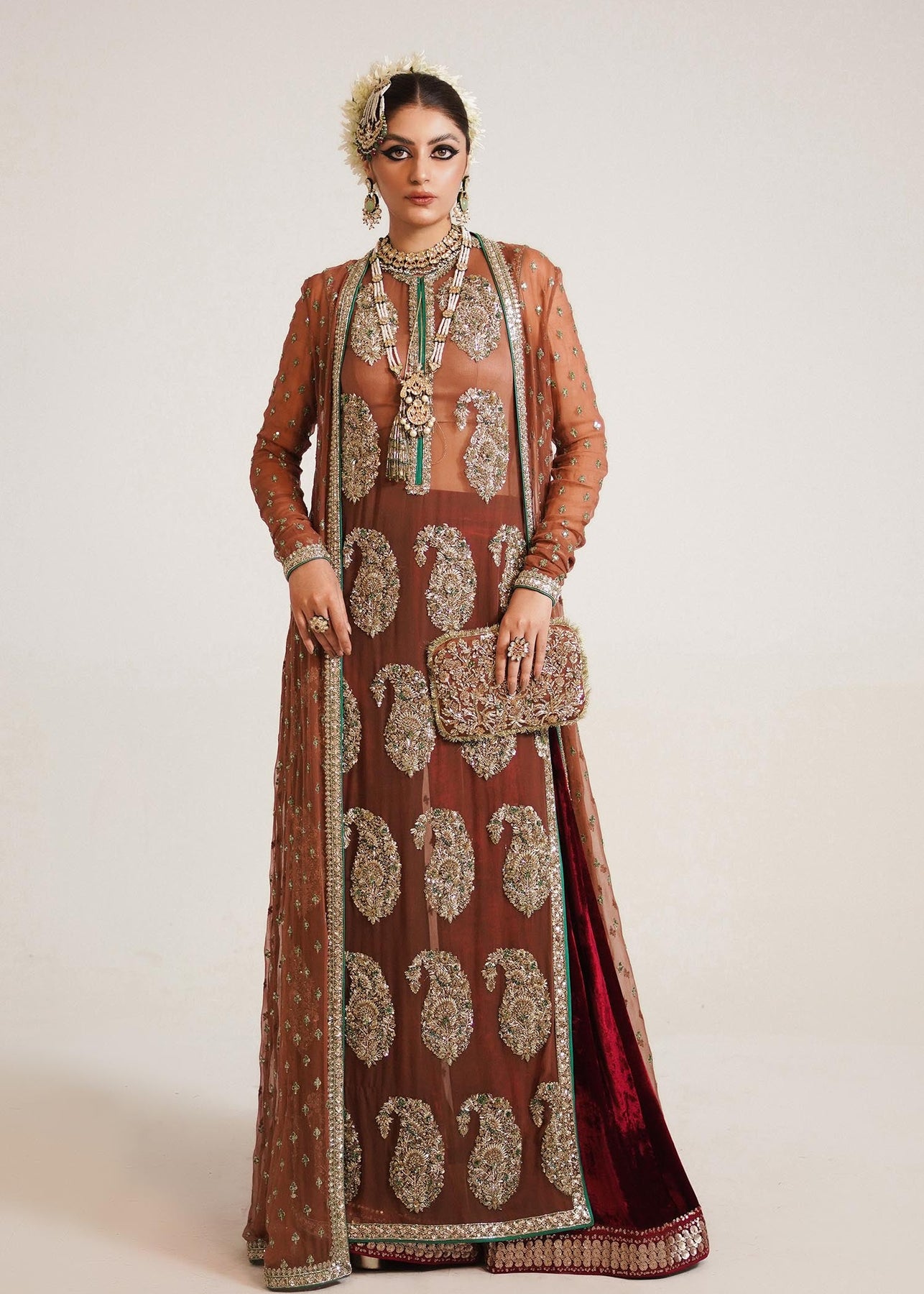 Pakistani Wedding Dress in Brown Sharara and Gown Style – Nameera by Farooq