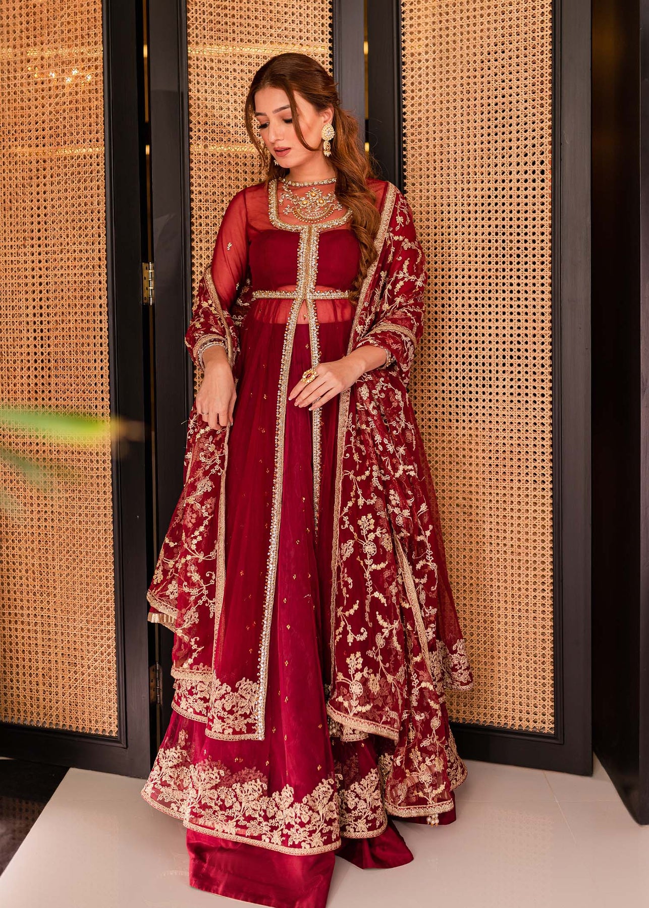 Pakistani Wedding Dress in Double-Layered Pishwas Style – Nameera by Farooq