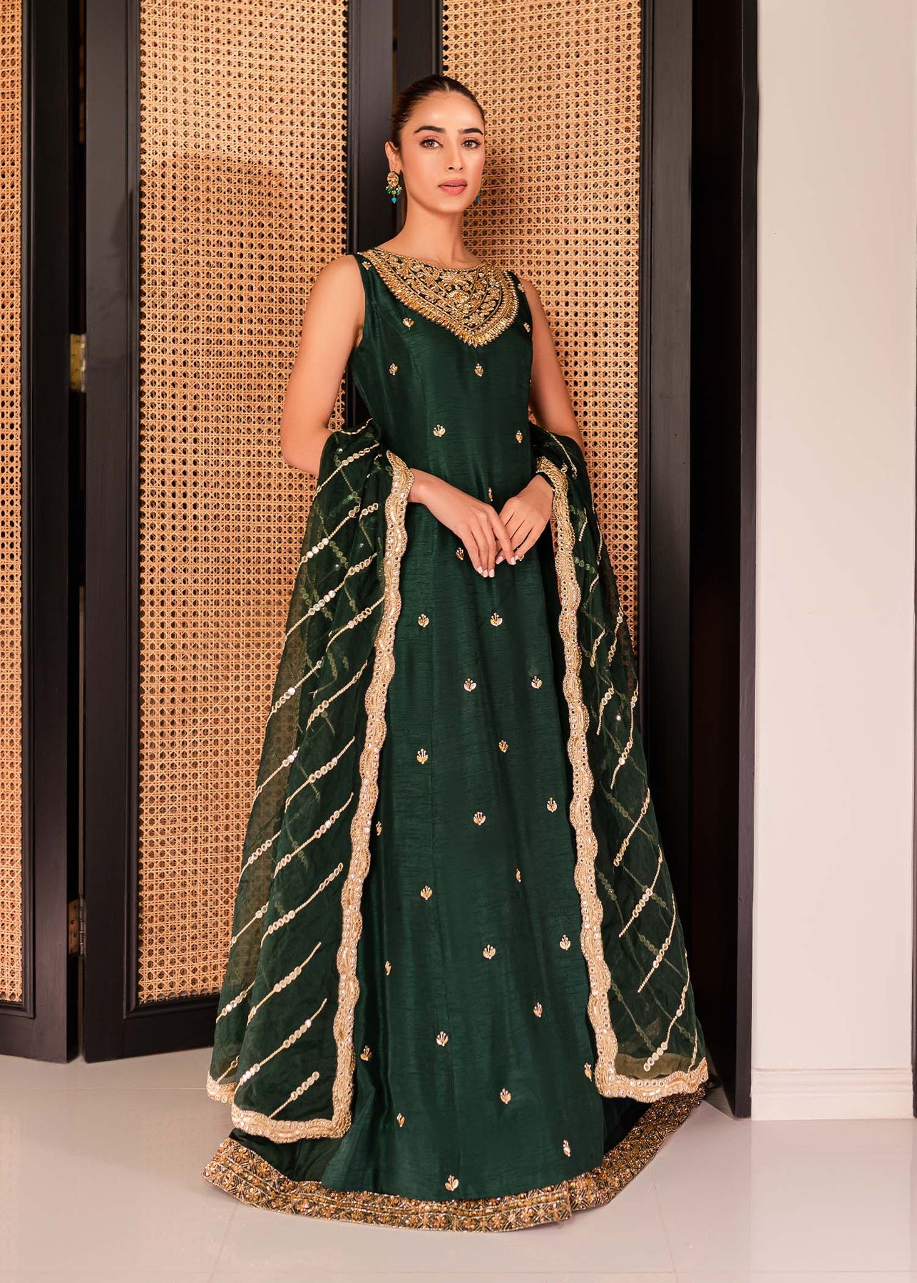 Pakistani Wedding Dress in Green Pishwas Maxi Style – Nameera by Farooq