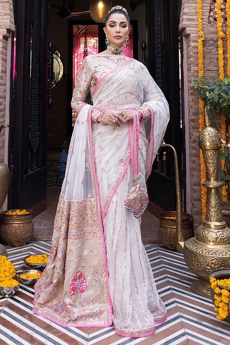Pakistani Wedding Dress in Premium Net Saree Style – Nameera by Farooq