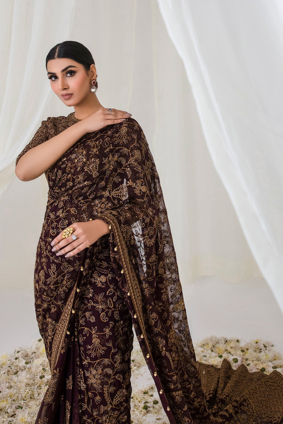 Embroidered Pakistani Wedding Dress in Saree Style – Nameera by Farooq