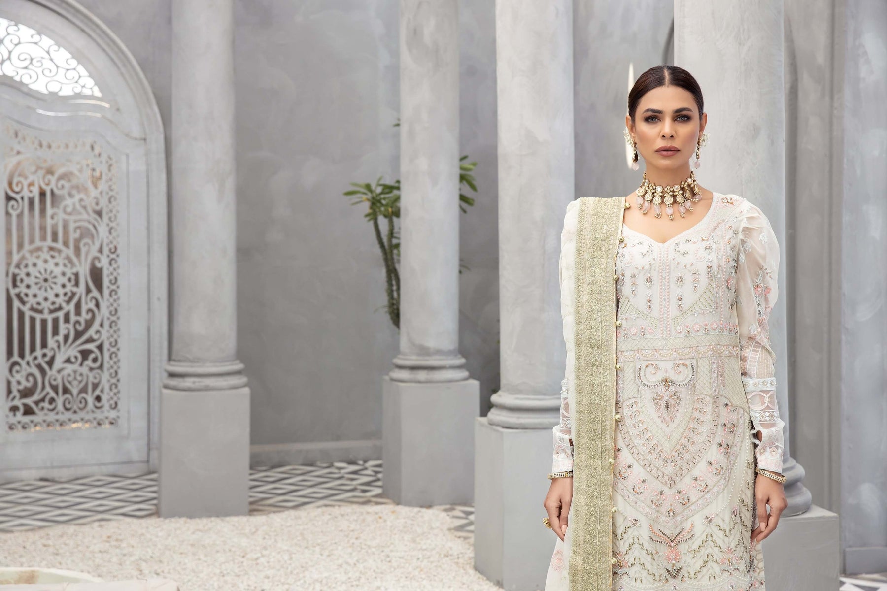 Pakistani White Dress in Wedding Sharara Kameez Style – Nameera by Farooq