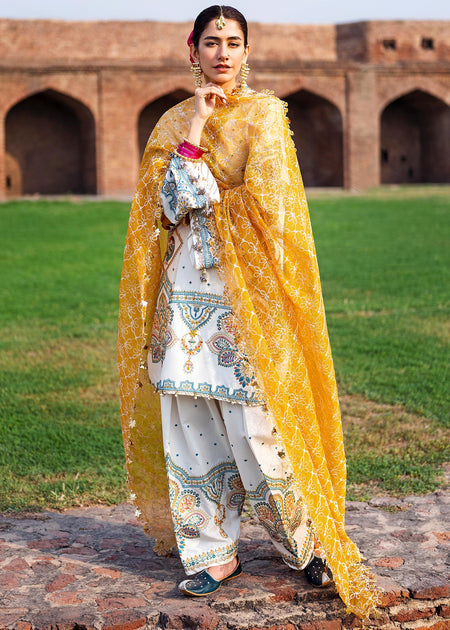 Pakistani White Kameez Salwar with Yellow Dupatta – Nameera by Farooq