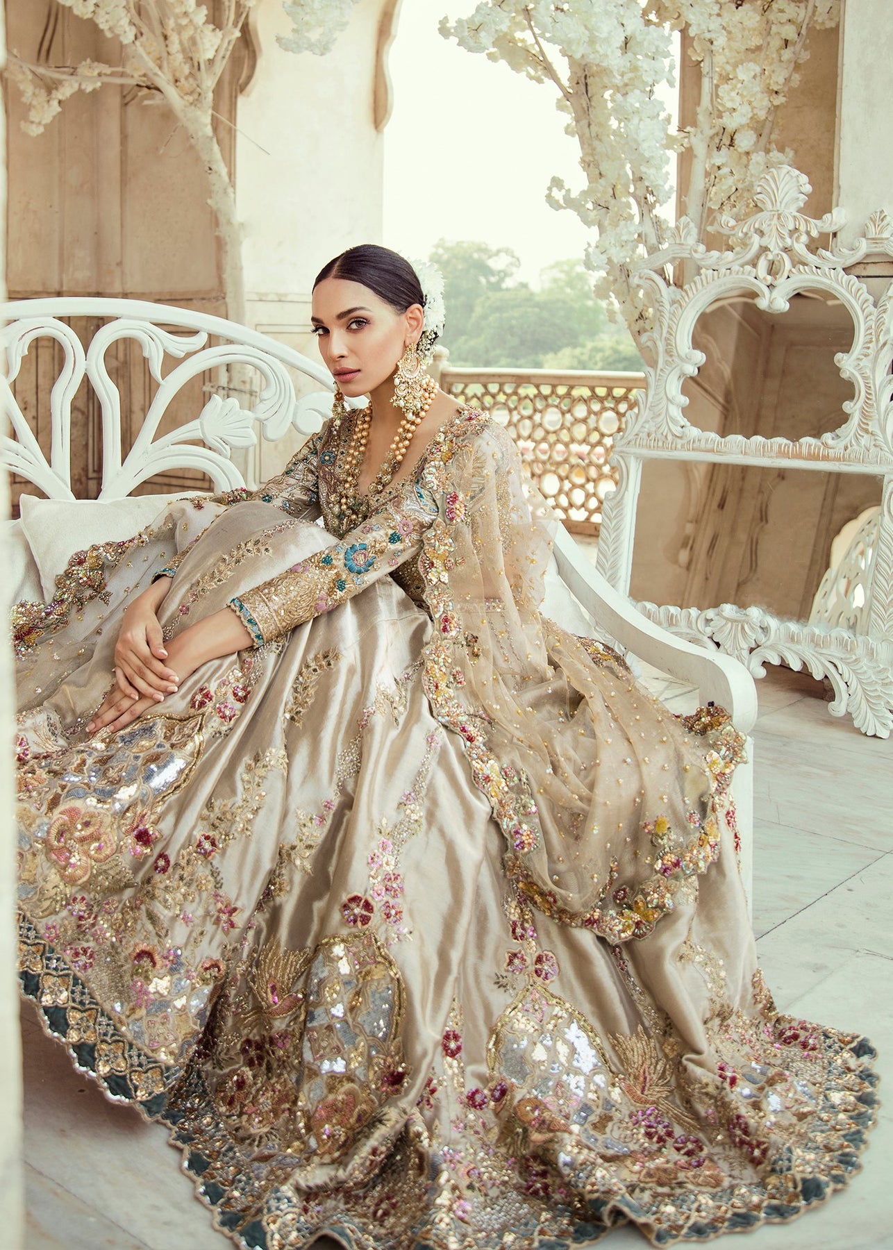 Latest Pakistani Bridal Lehnga Choli in Gold Color – Nameera by Farooq