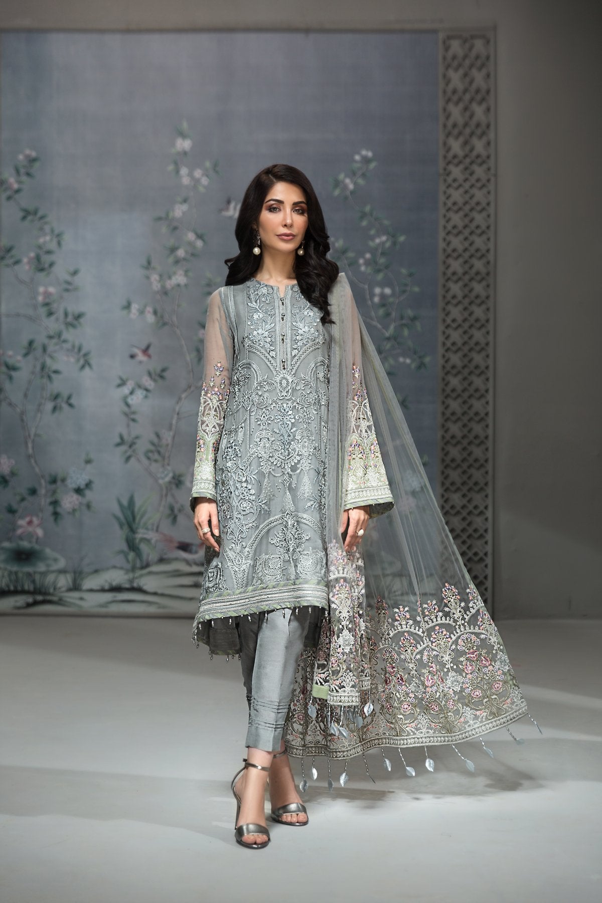 Buy Pakistani Chiffon Party Wear in Grey Color Online – Nameera by Farooq