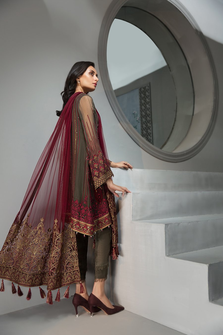 Buy Pakistani Maroon Chiffon Designer Dress Online – Nameera by Farooq