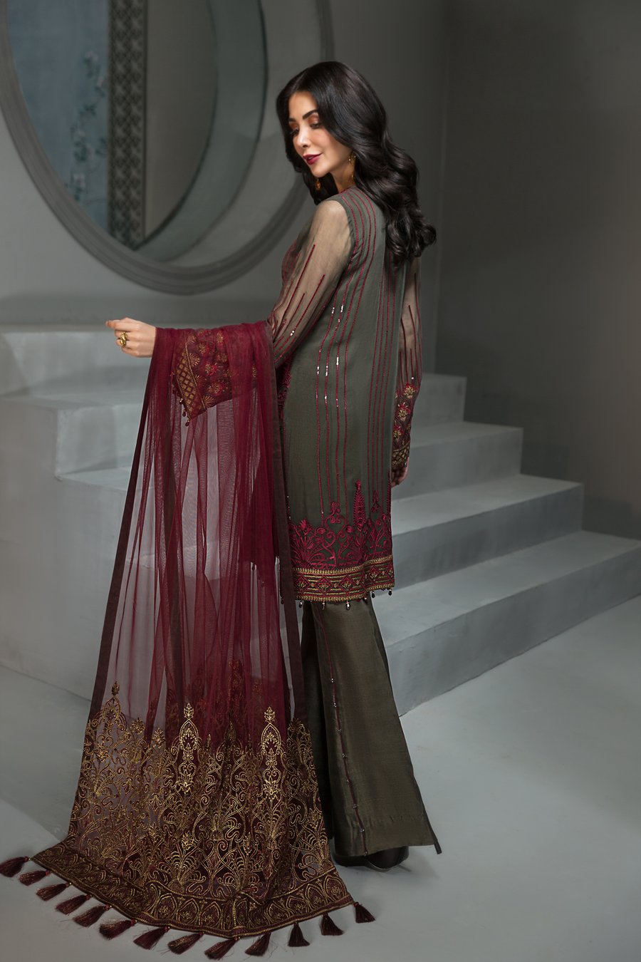 Buy Pakistani Maroon Chiffon Designer Dress Online – Nameera by Farooq