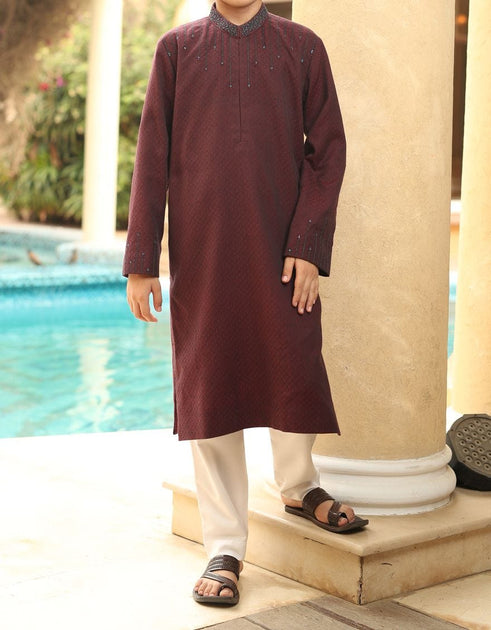 Pakistani boys kurta in maroon color for casual wear – Nameera by Farooq