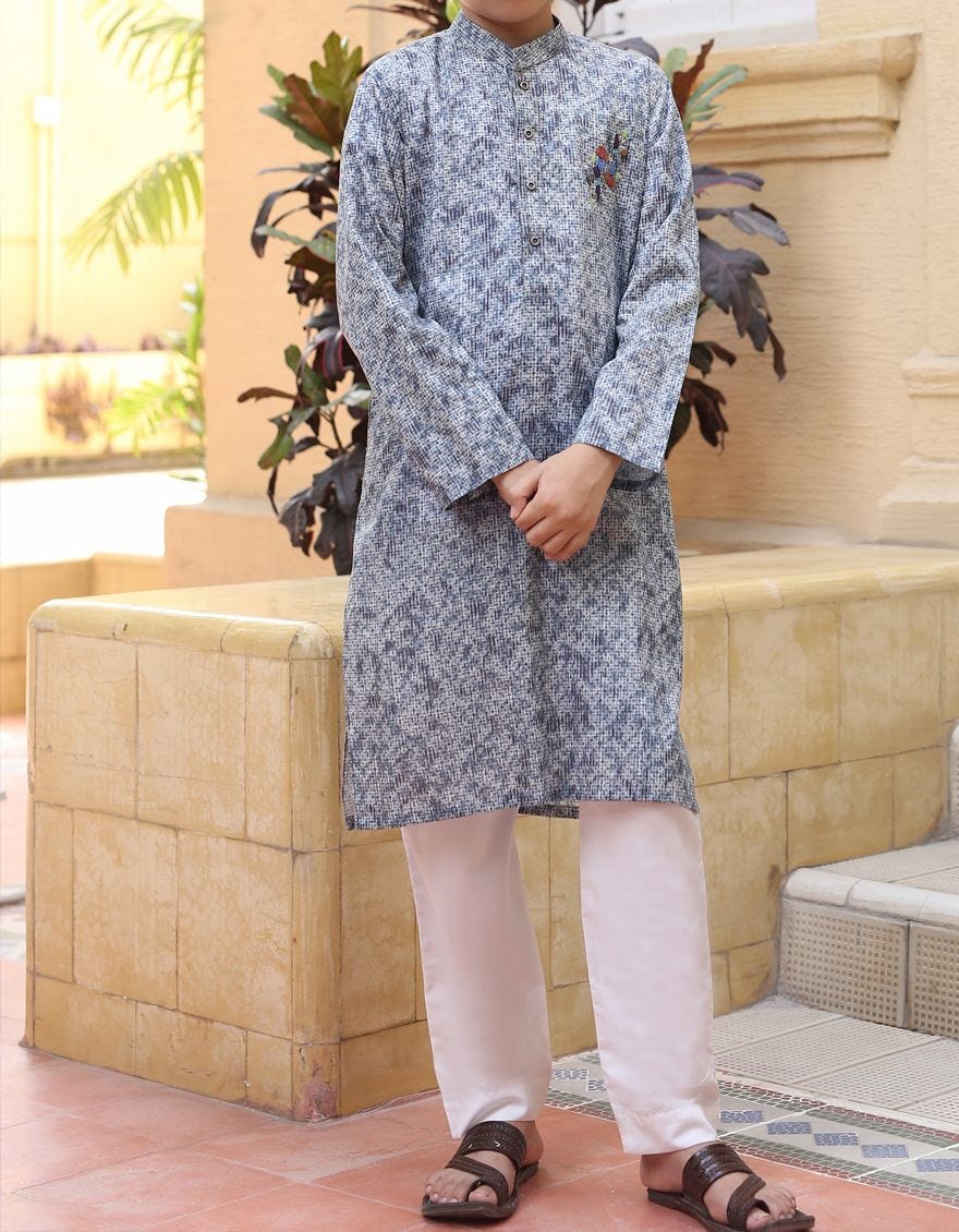 Pakistani designer kurta for boys in grey color – Nameera by Farooq