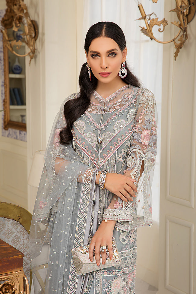 Pakistani embroidered net outfit in silver grey color – Nameera by Farooq