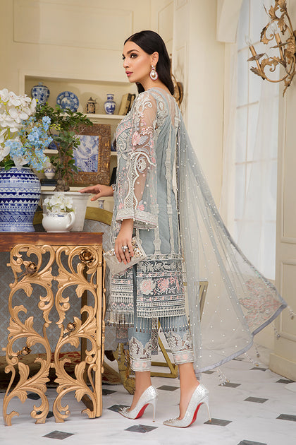 Pakistani embroidered net outfit in silver grey color – Nameera by Farooq