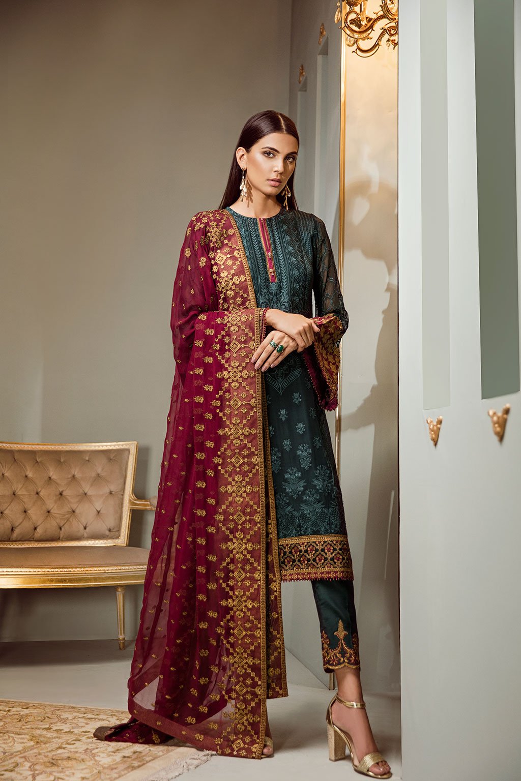 Pakistani fancy dresses with lavish embroidered panels – Nameera by Farooq