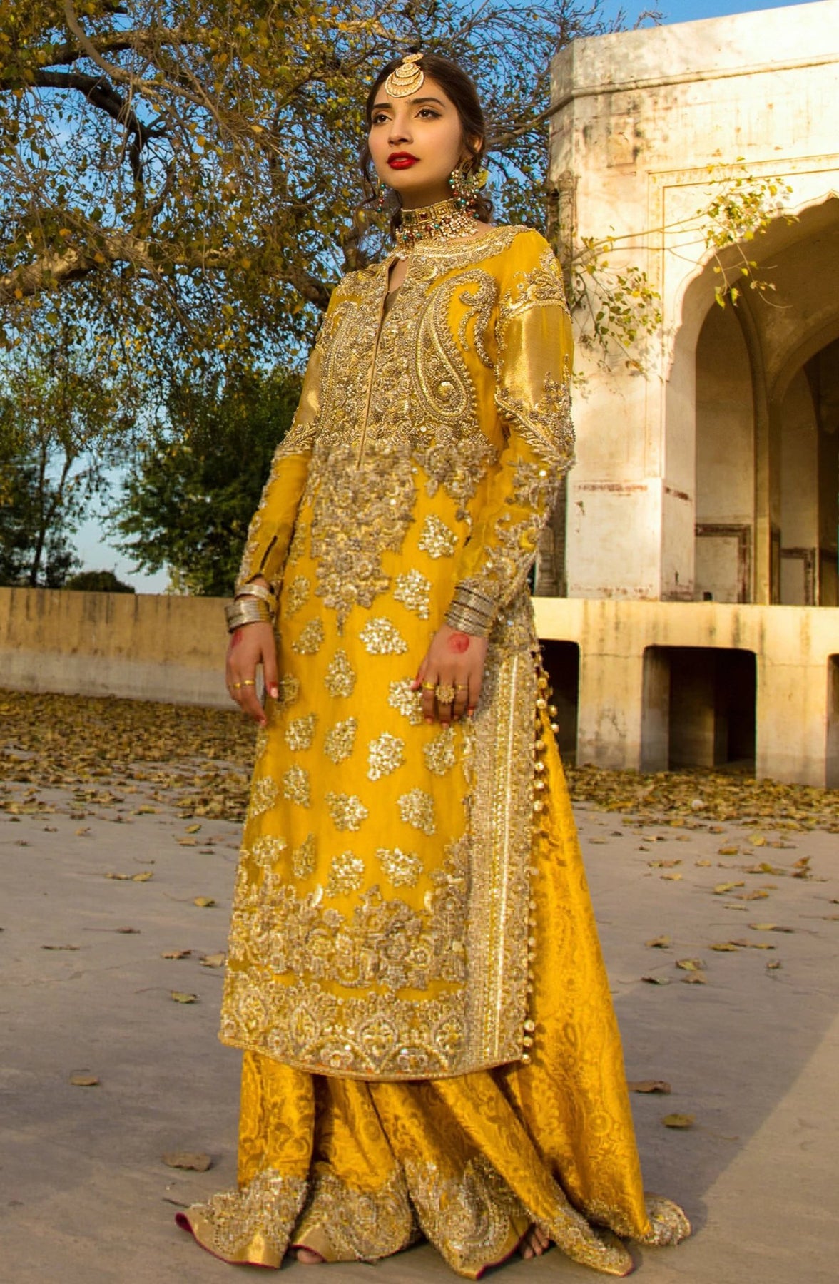 Pakistani mehndi outfit for wedding wear in yellow color – Nameera by Farooq