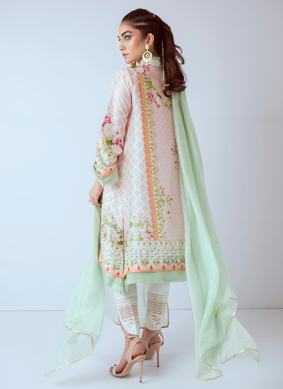 Pakistani printed dresses with flower prints on silk – Nameera by Farooq