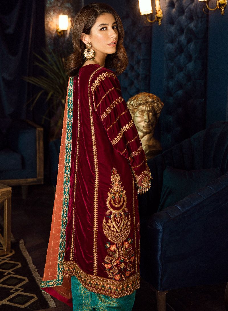 Pakistani velvet embroidered party dress with motifs – Nameera by Farooq