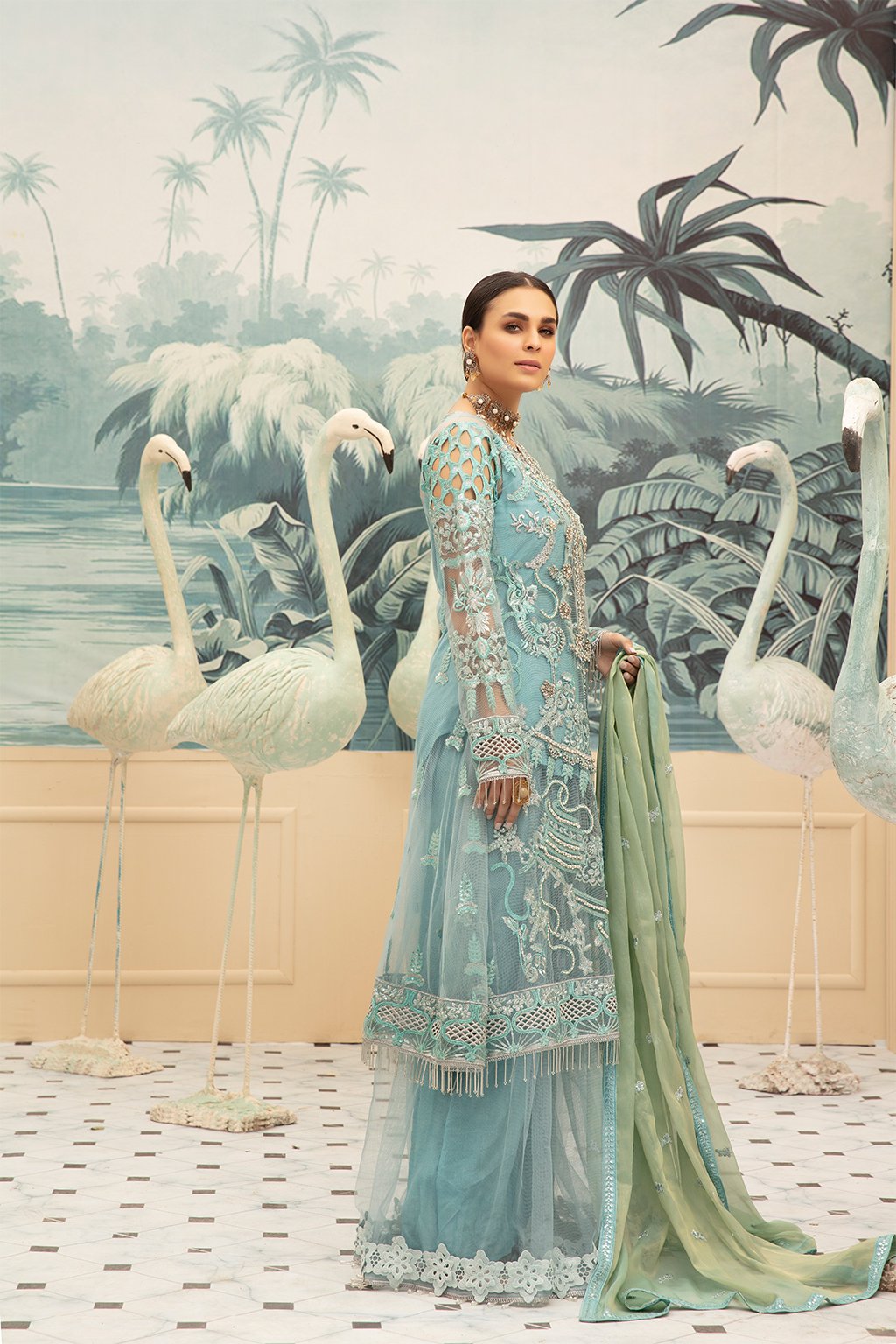 Buy Luxurious Pakistani Net Dress In Light Turquoise – Nameera by Farooq