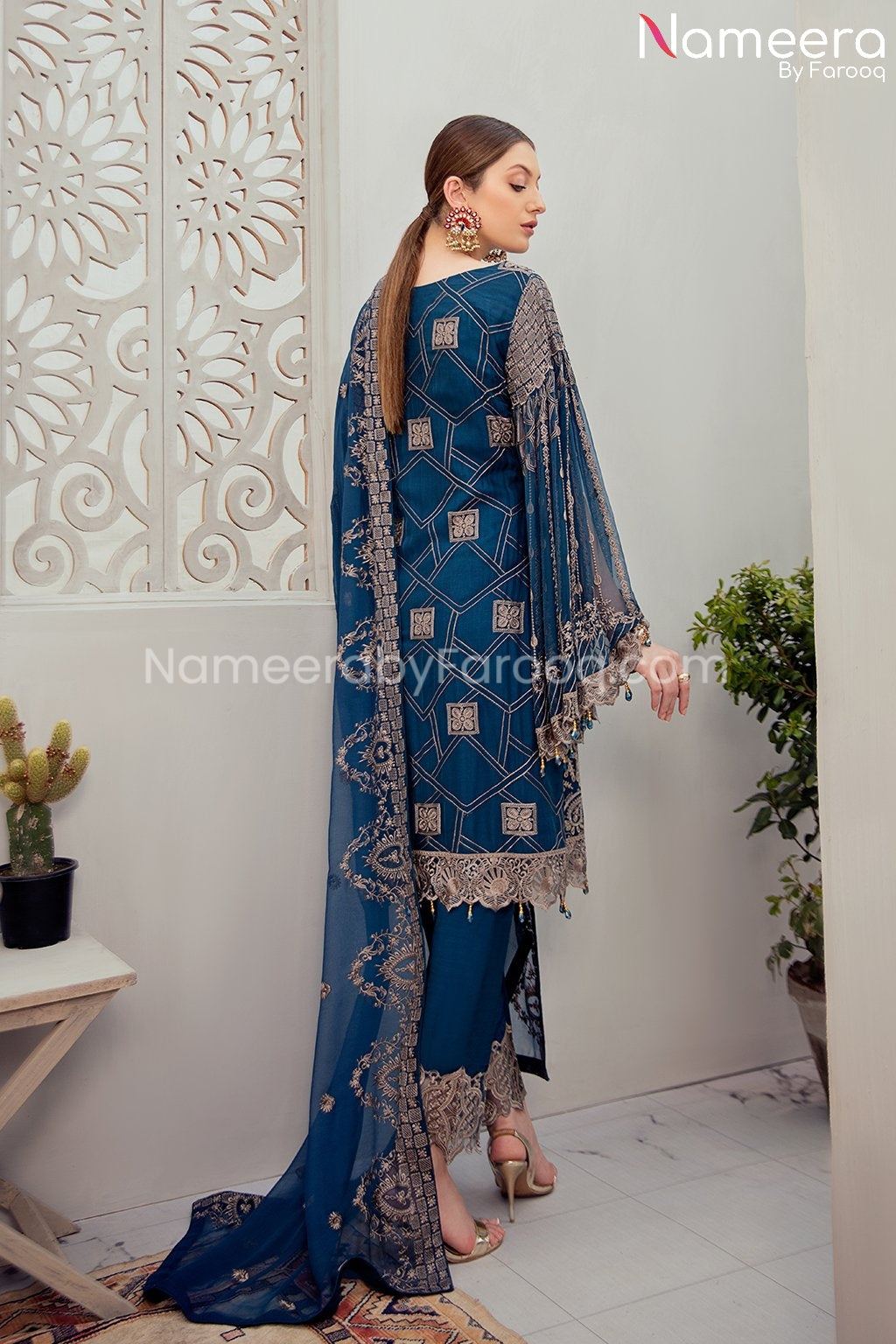 Maryum n Maria Embroidered Chiffon Dress in Turquoise Color – Nameera ...