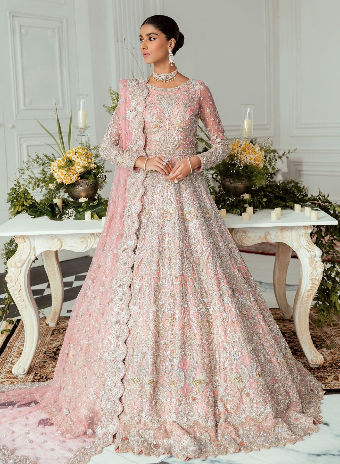 Pink Lehenga Gown and Dupatta Pakistani Bridal Dress – Nameera by Farooq