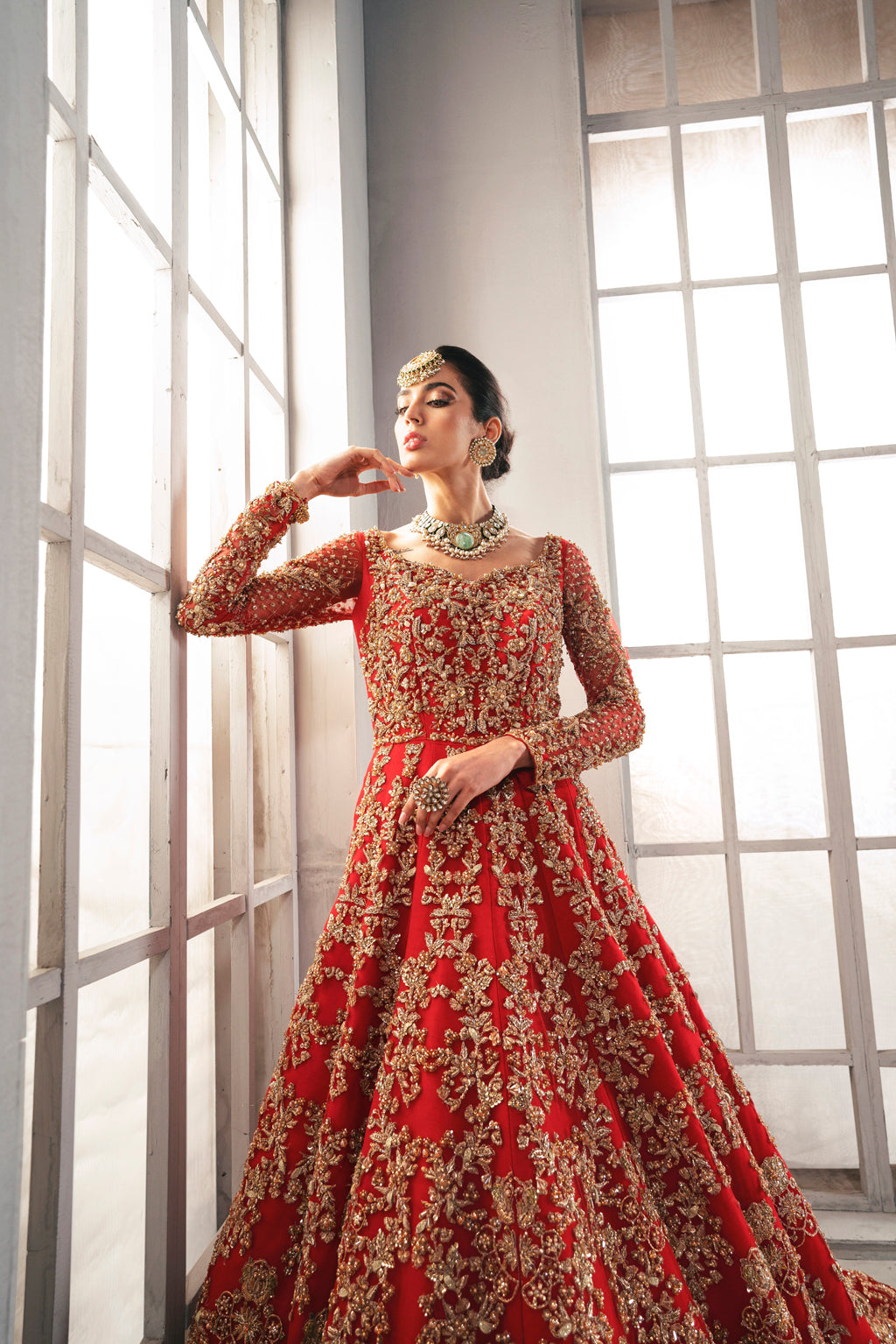 Long Red Frock Lehenga Bridal Pakistani Wedding Dresses – Nameera by Farooq