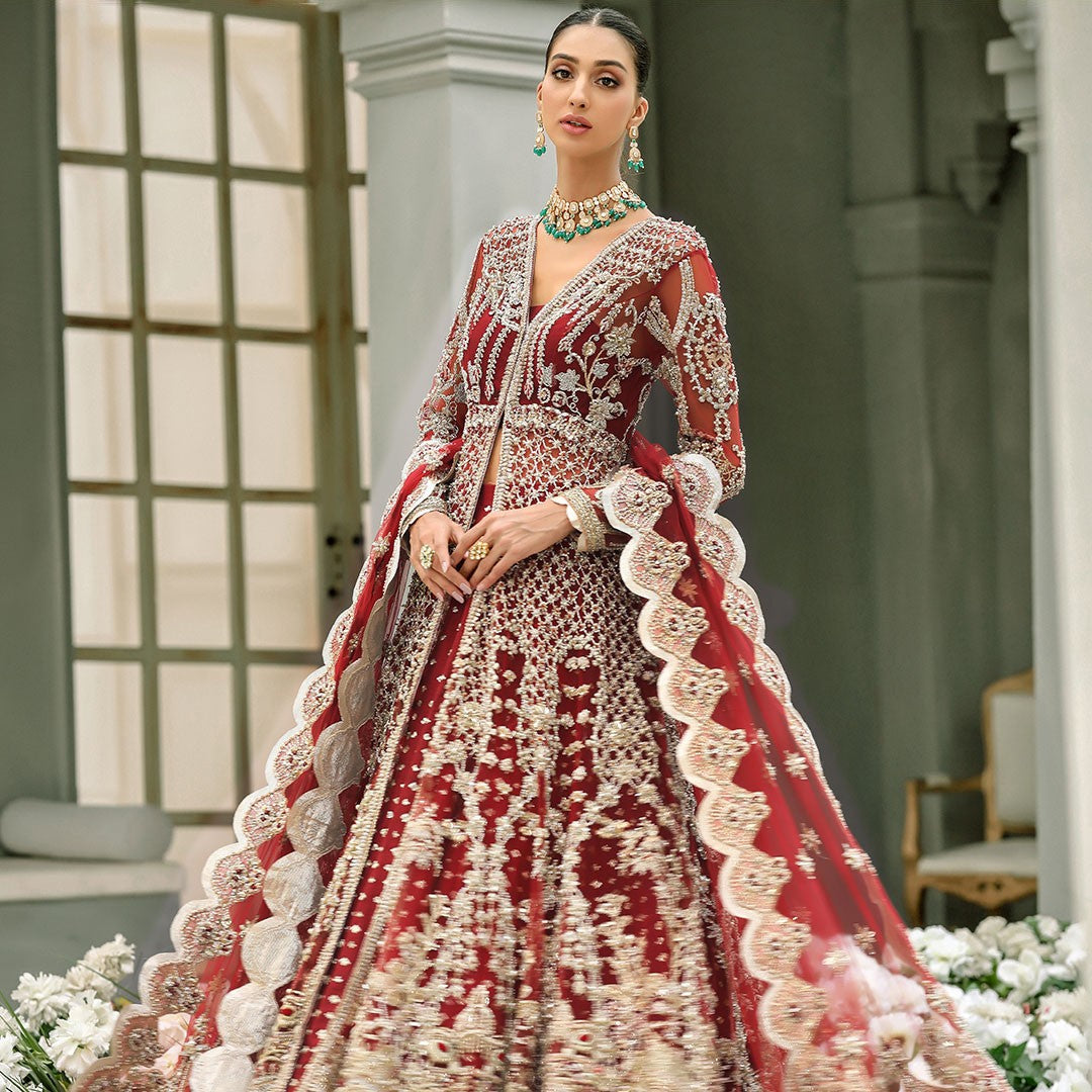 Red Front Open Gown Lehenga Pakistani Wedding Dresses – Nameera by Farooq