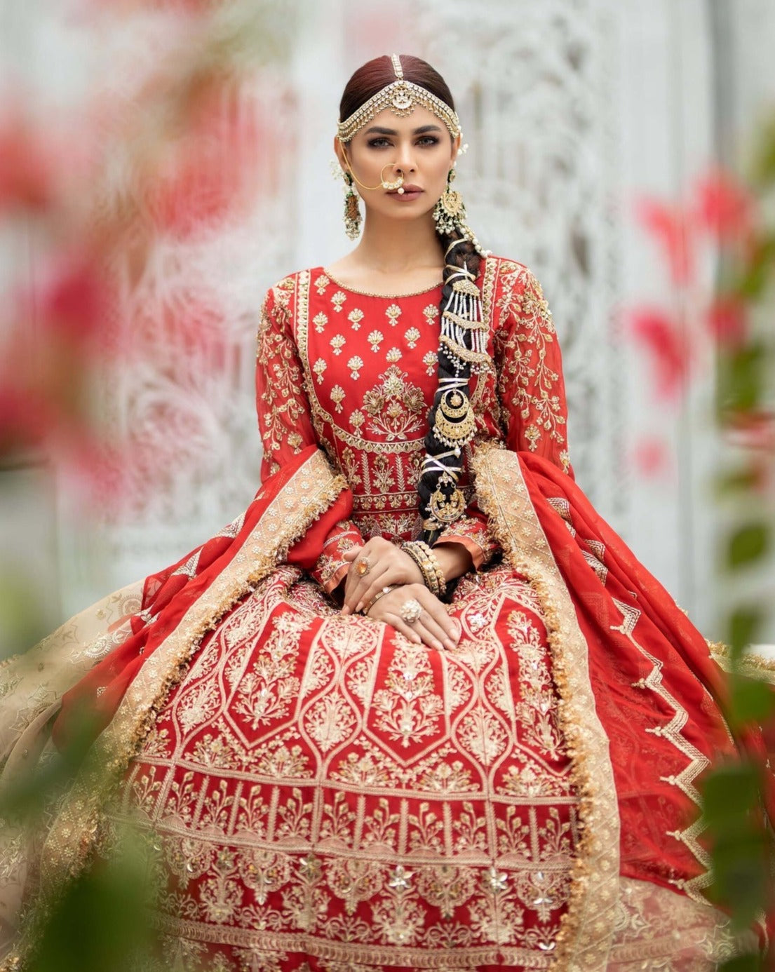 Red Pakistani Bridal Dress in Gown and Dupatta Style – Nameera by Farooq