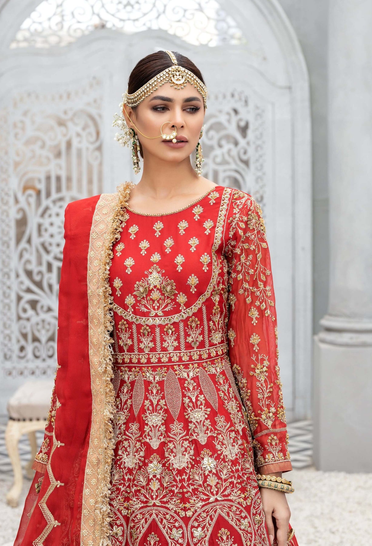 Red Pakistani Bridal Dress in Gown and Dupatta Style – Nameera by Farooq