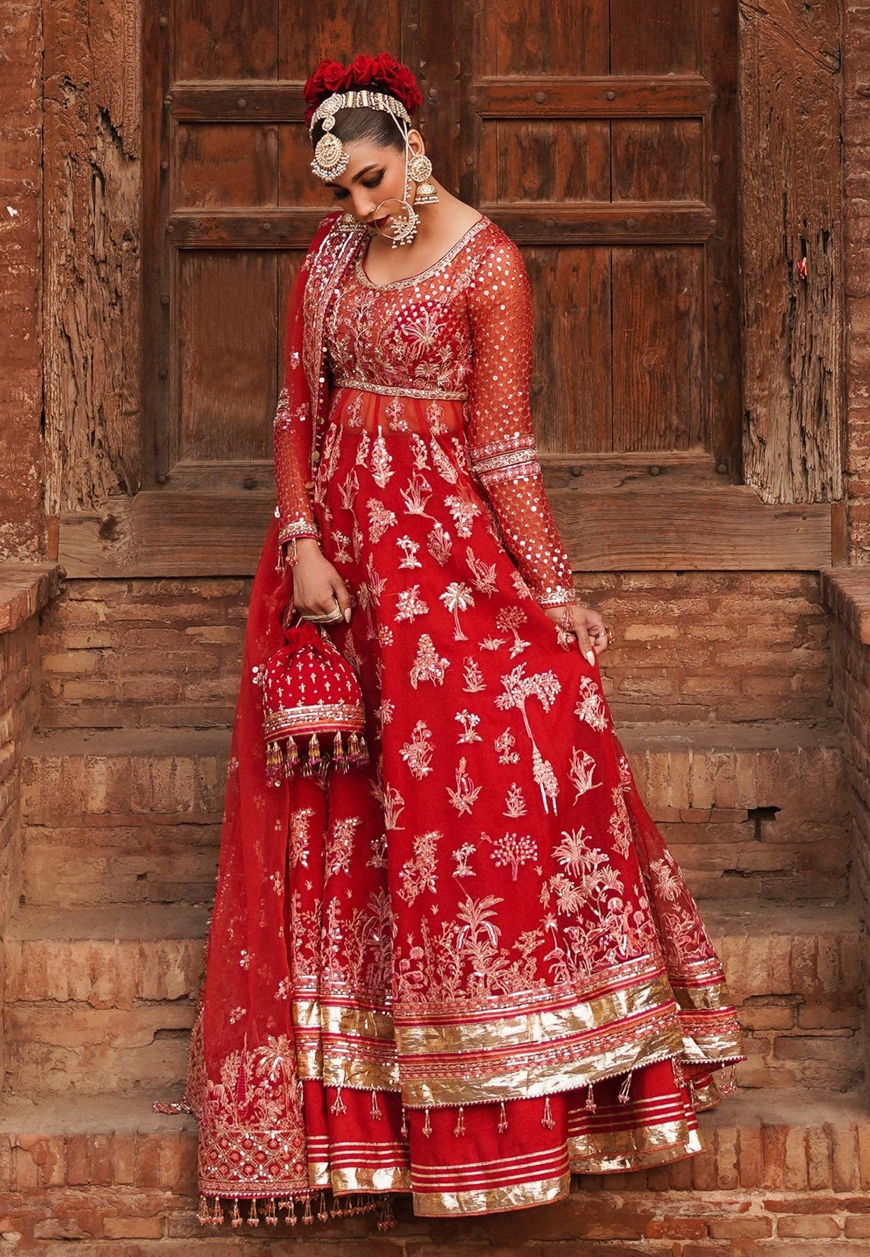 Red Pakistani Bridal Dress in Pishwas and Sharara Style – Nameera by Farooq