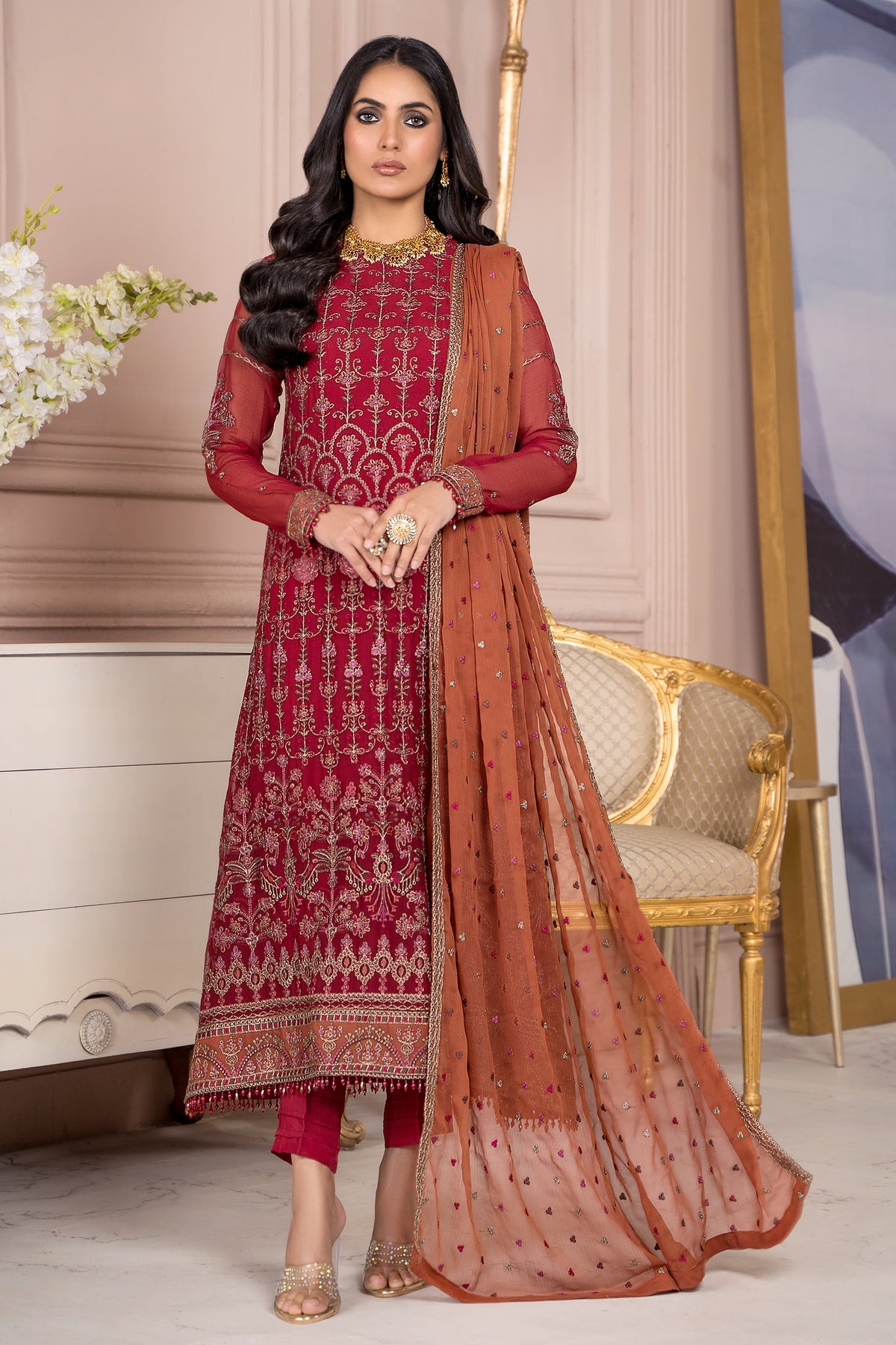 Maria B Red Pakistani Long Kameez Capri Party Wear – Nameera by Farooq